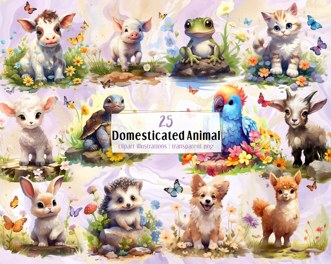 Domesticated Animal, Watercolor Illustrations. Cute Adorable Pets ...