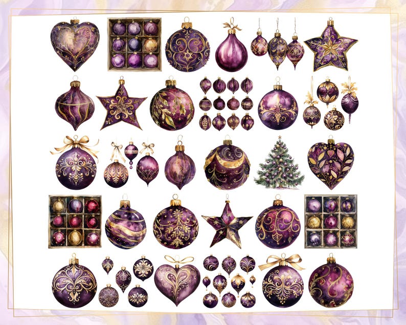 Plum & Gold Christmas Ornaments Illustrations. Festive Decorated Fancy ...