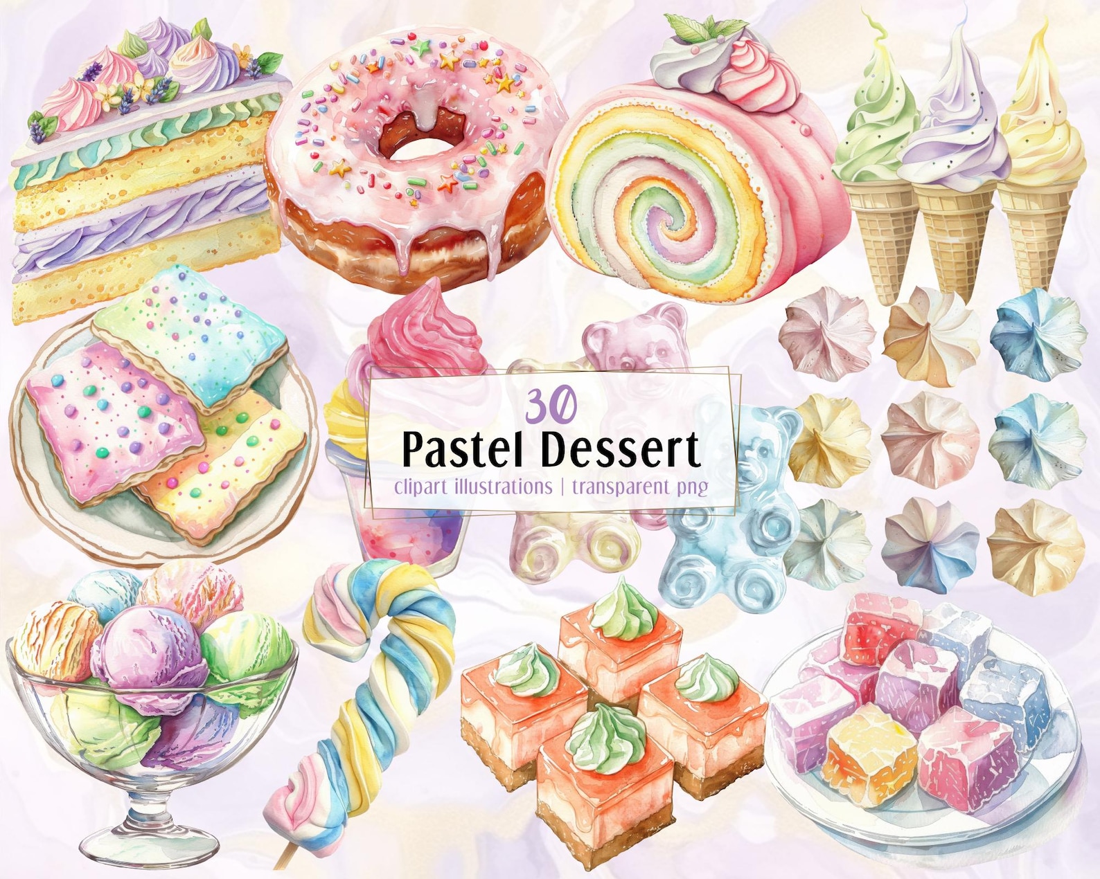 Pastel Dessert Illustrations. Delicious Bright Colored Pastry, Colorful ...