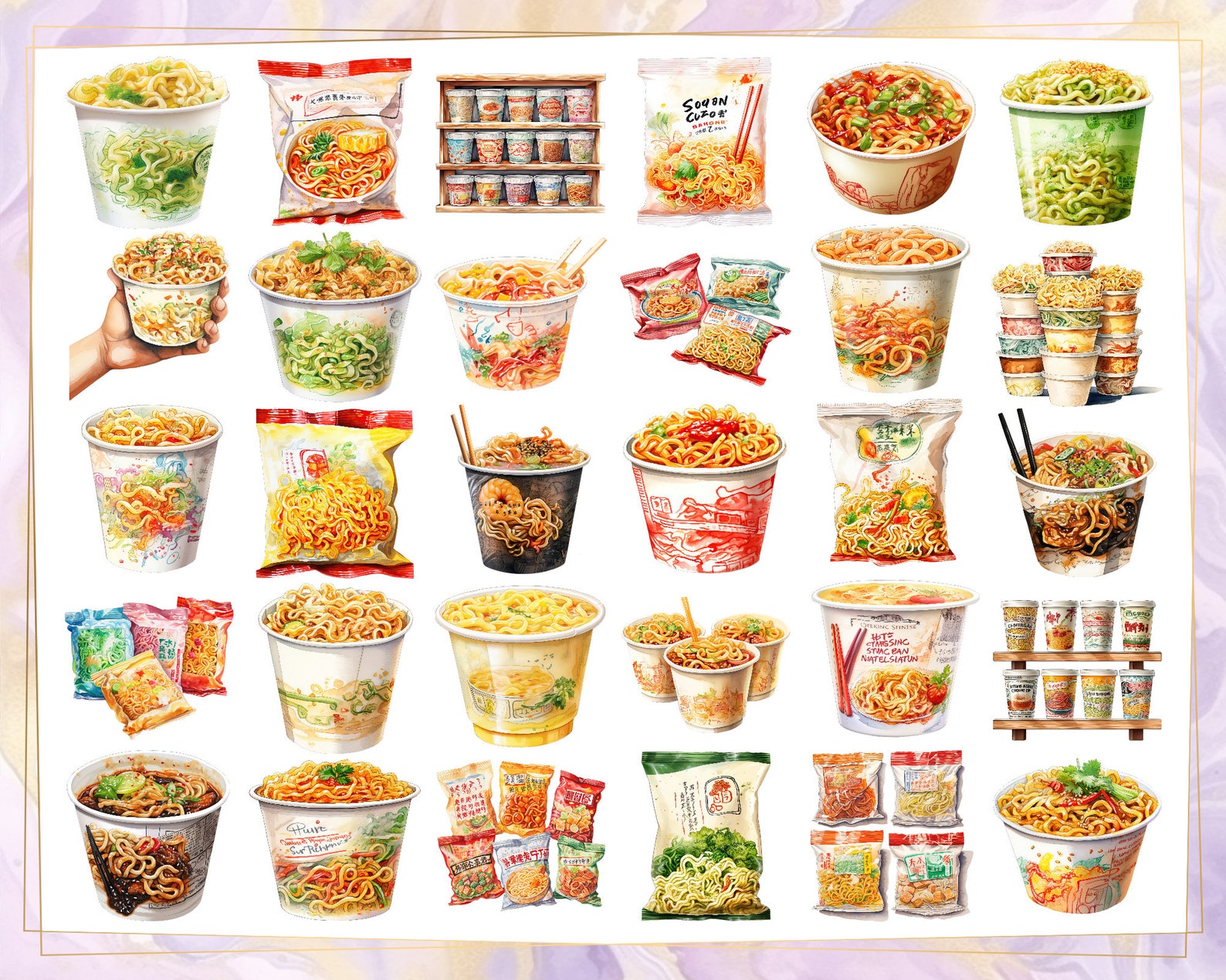 Instant Noodles. Watercolor Style Illustrations. Delicious Noodle Soup ...
