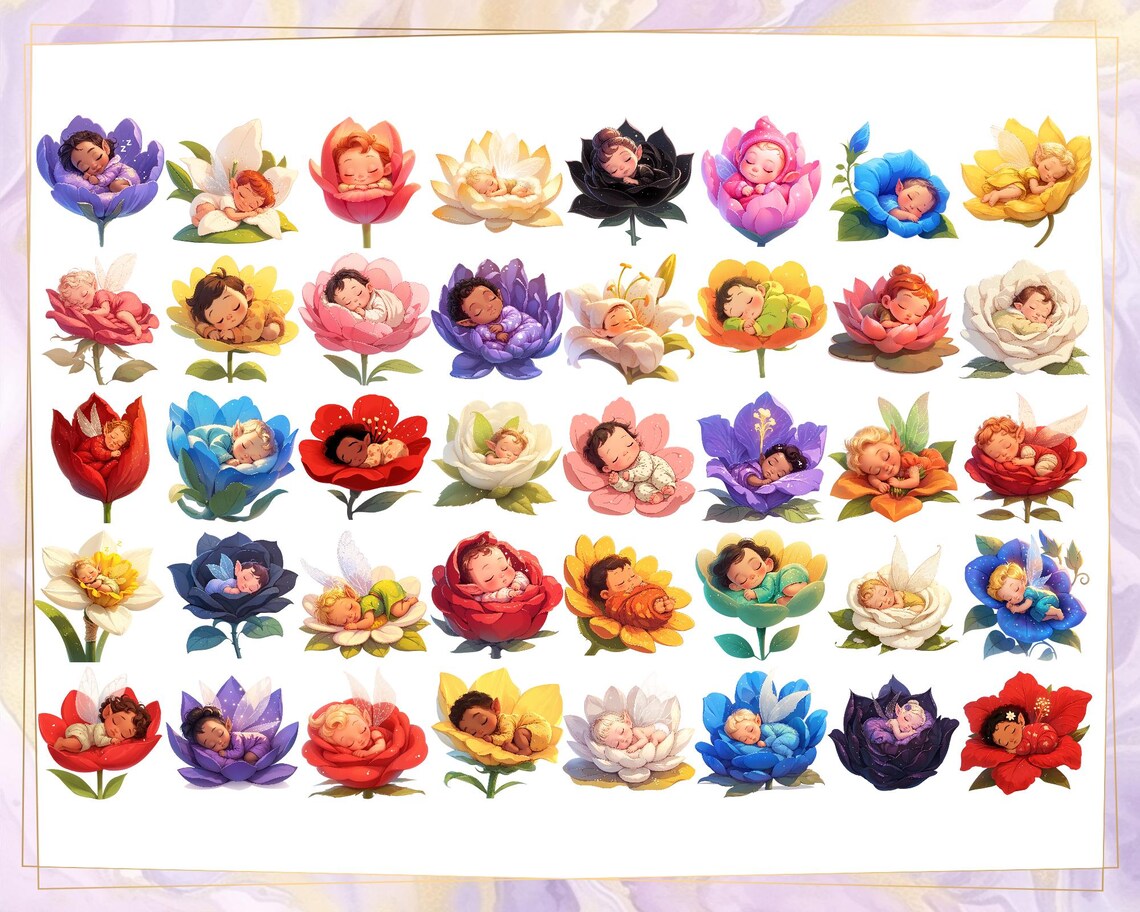 Cartoon Flower Baby Illustrations. Cute Adorable Little Pixie Babies ...