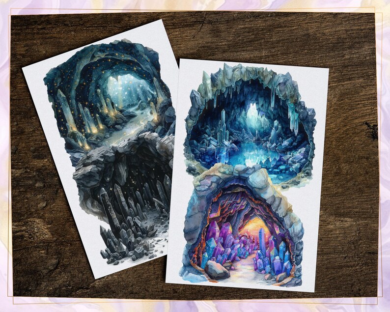Mineral Cavern Illustrations. Colorful Crystal Grotto, Geodes, Shiny ...