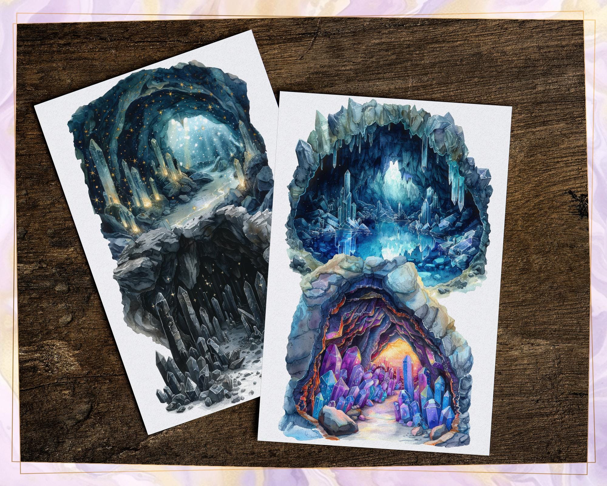Mineral Cavern Illustrations. Colorful Crystal Grotto, Geodes, Shiny ...