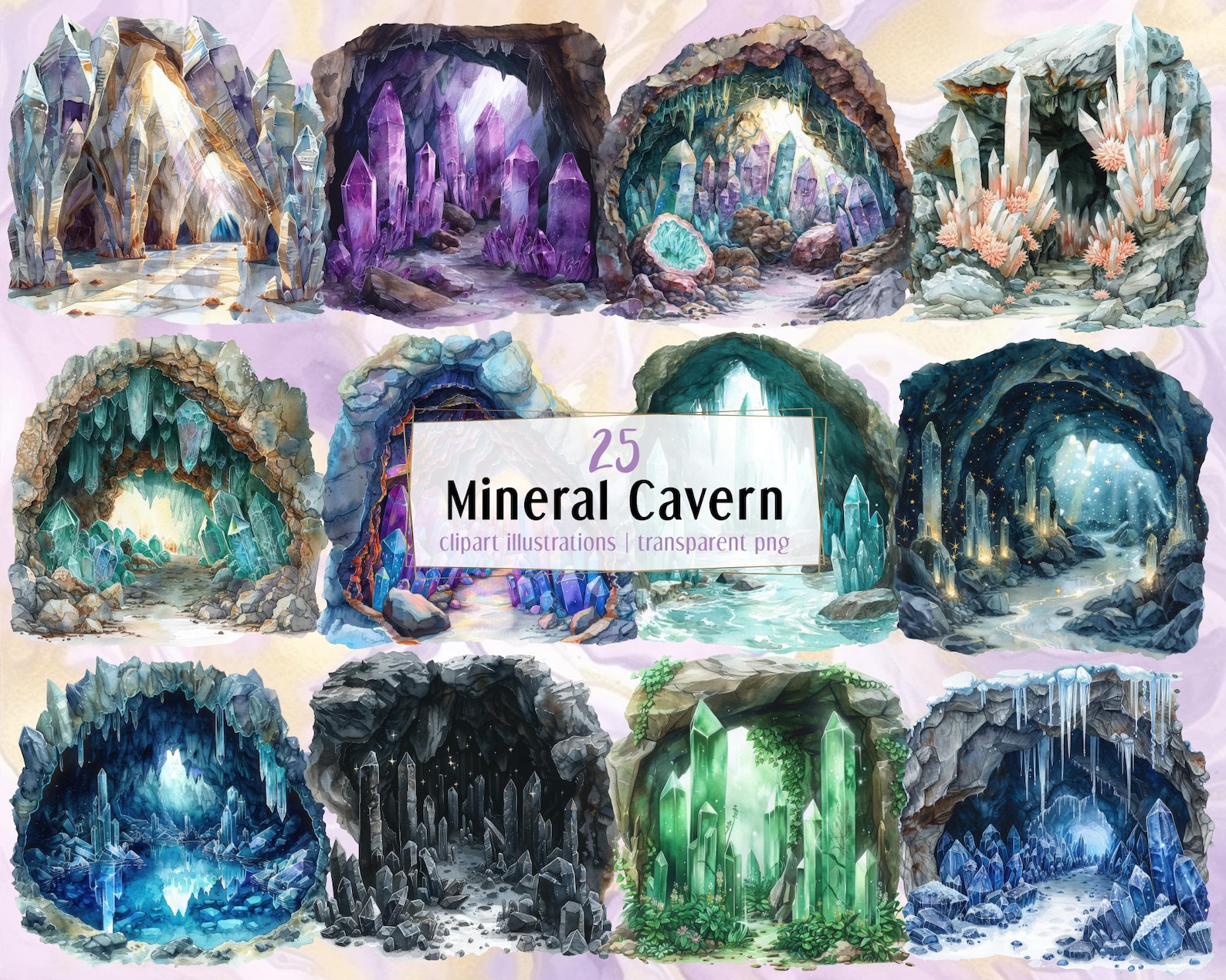 Mineral Cavern Illustrations. Colorful Crystal Grotto, Geodes, Shiny Gemstones, Enchanted ...