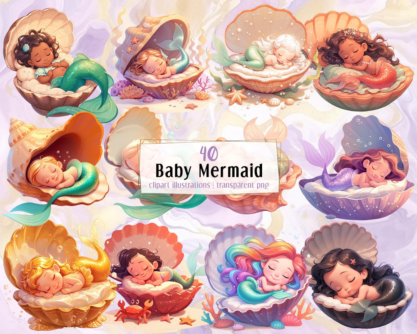 Cartoon Baby Mermaid Illustrations. Cute Adorable Little Babies ...