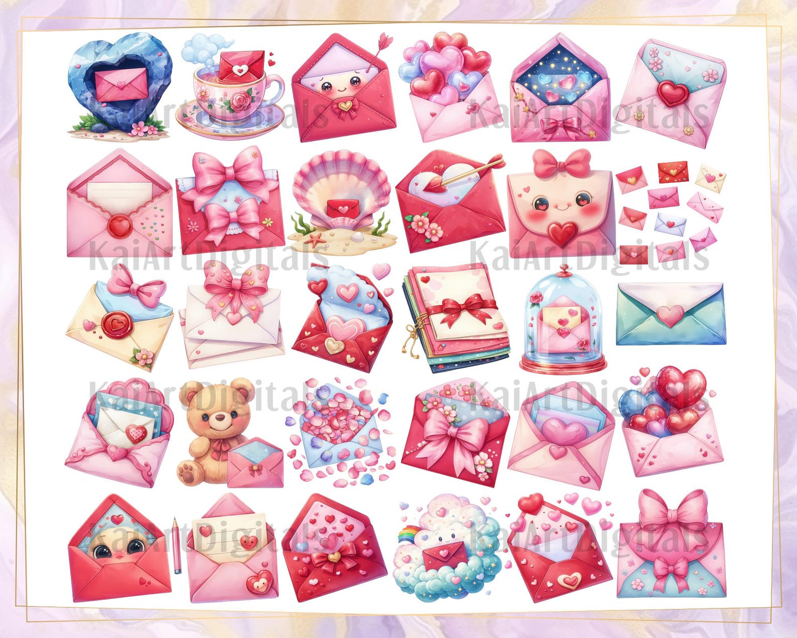 Cute Romantic Envelopes | PNG Clip Art Cartoon Illustrations. Hearts ...