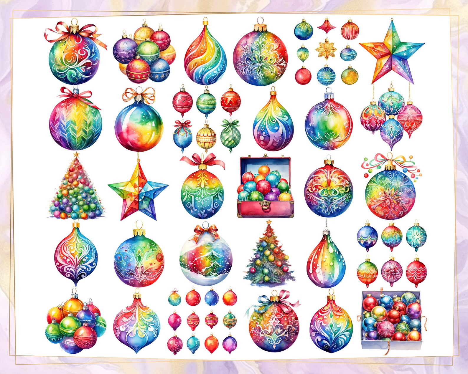 Rainbow Christmas Ornaments. Watercolor Style Illustrations. Vivid ...