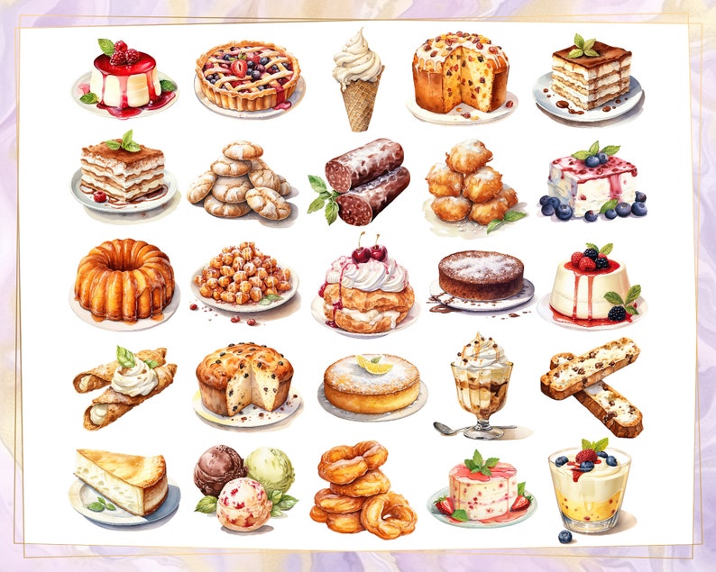 Italian Desserts, Watercolor Style Illustrations. Delicious Sweet ...