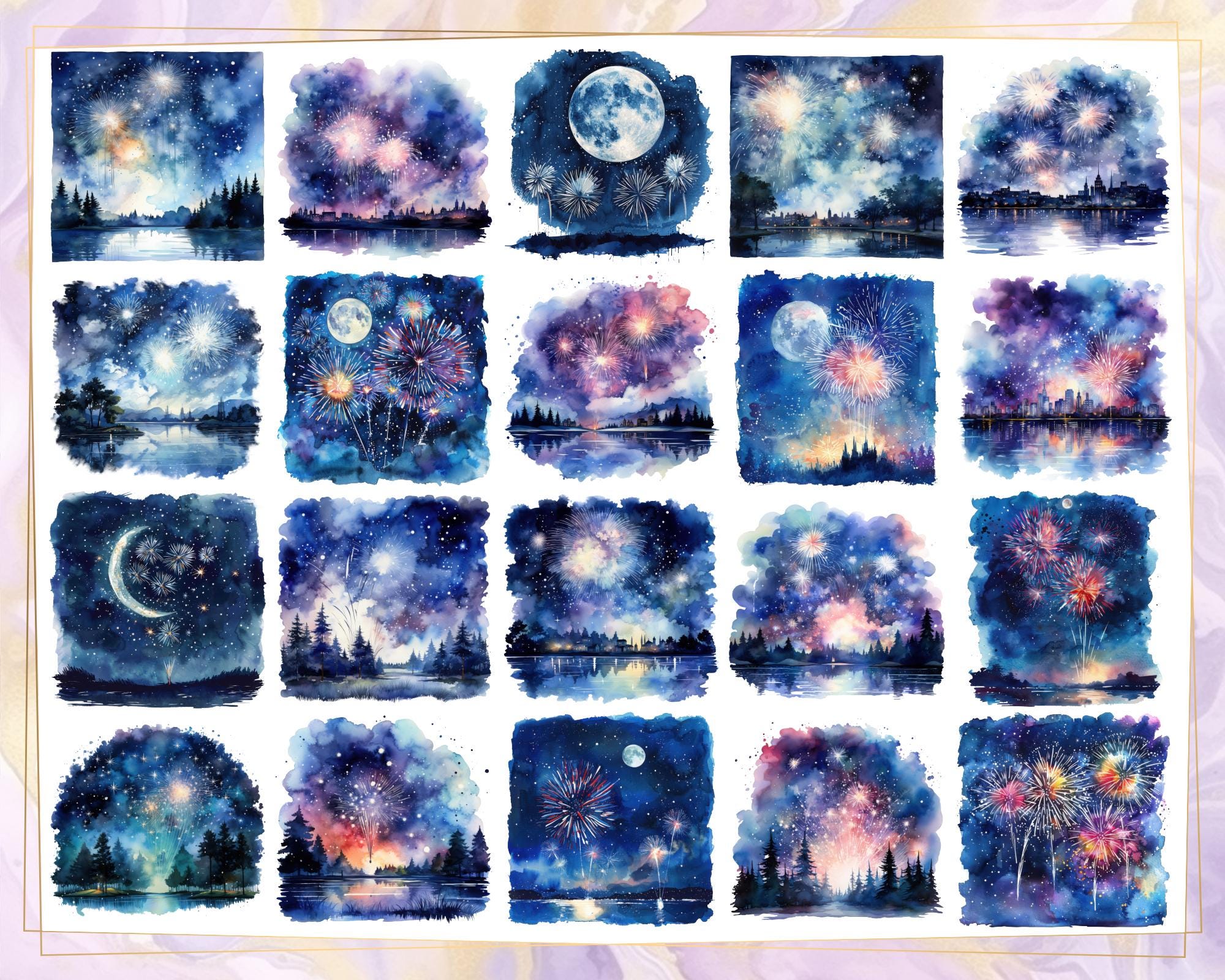 Fireworks Landscape Illustrations. Dark Night Time Skies With Sparkles ...