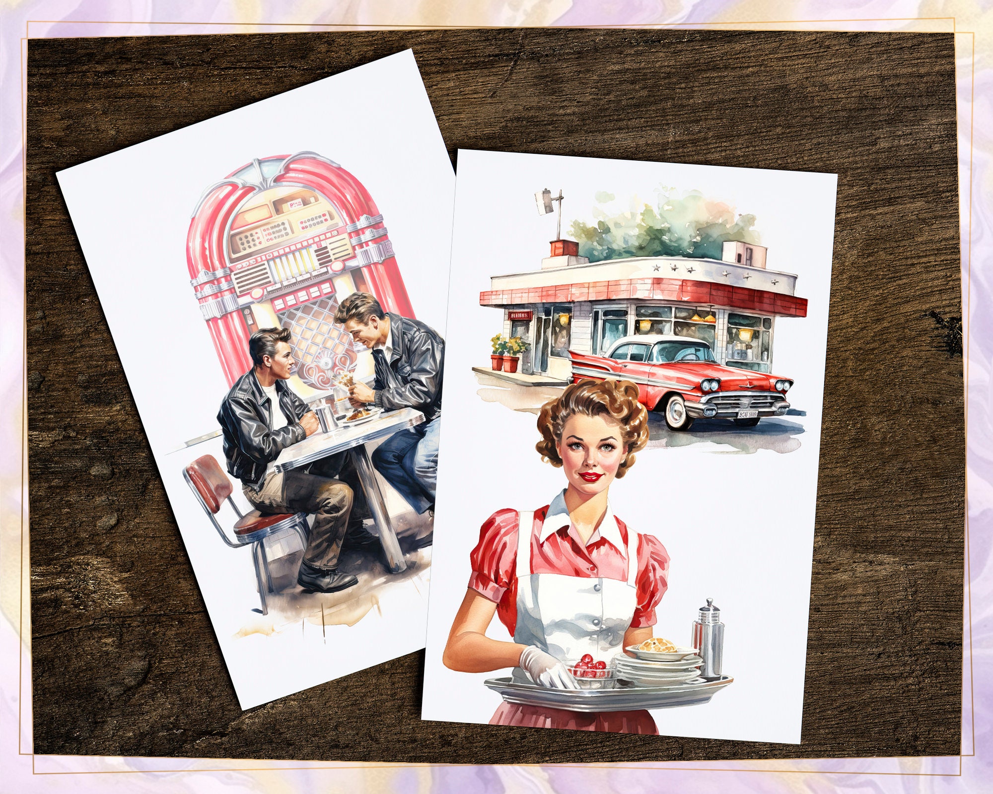 American Diner, Watercolor Style Illustrations. Retro 50's Eatery ...