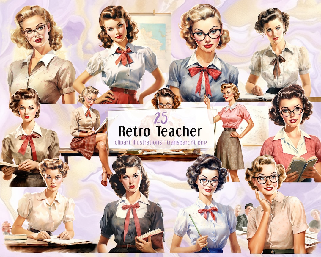 Retro Teacher. Watercolor Style Illustrations. Vintage 40's Female ...