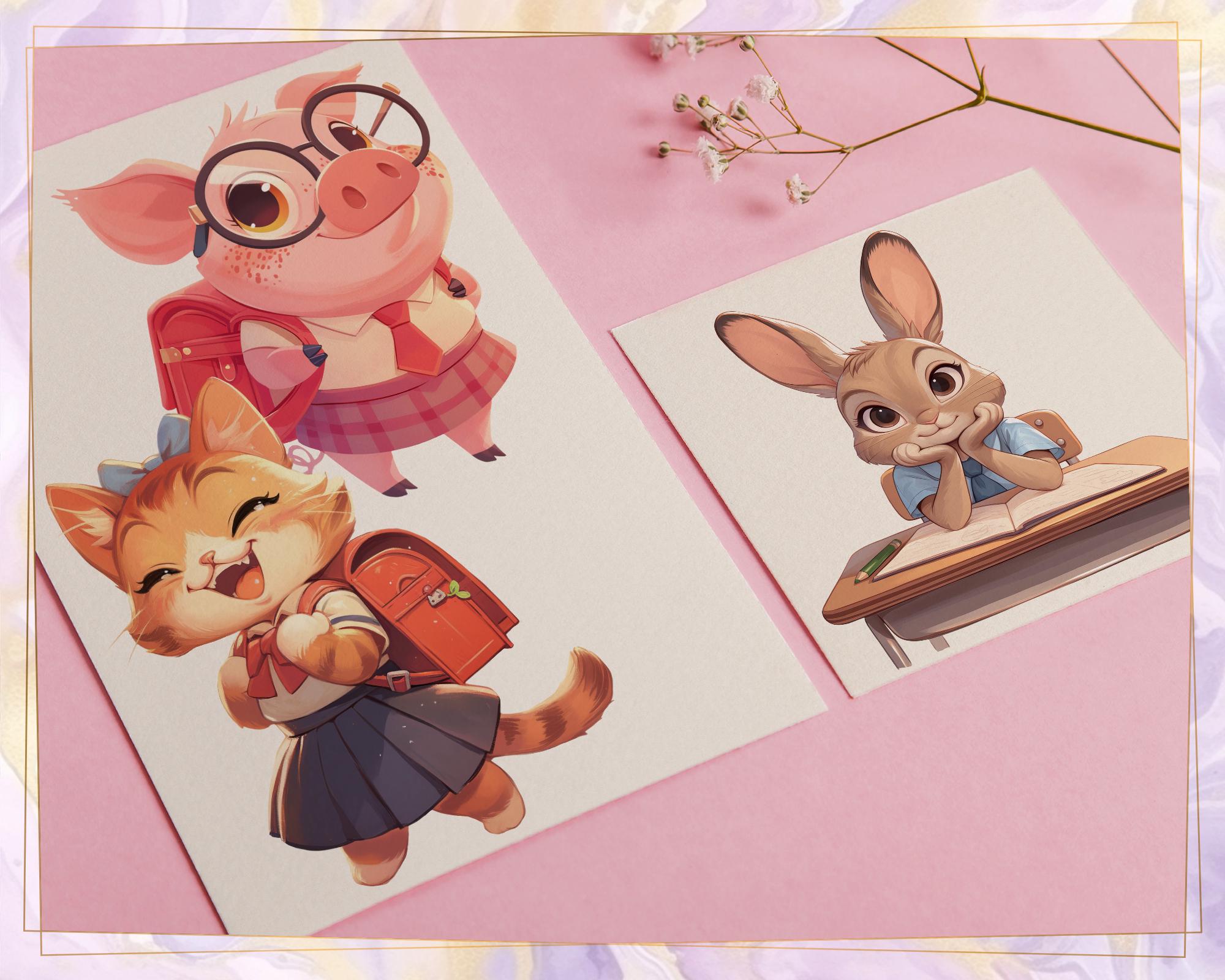 Cartoon School Animal Illustrations. Cute Adorable Animals and Pets ...