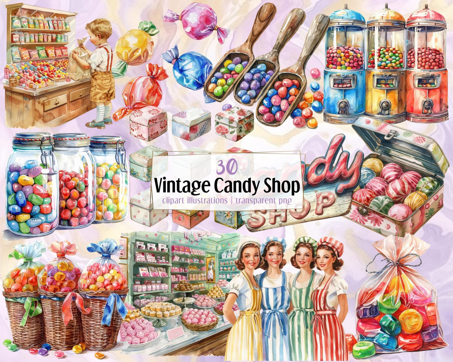 Vintage Candy Shop Illustrations. Retro 50's Style Confectionery ...