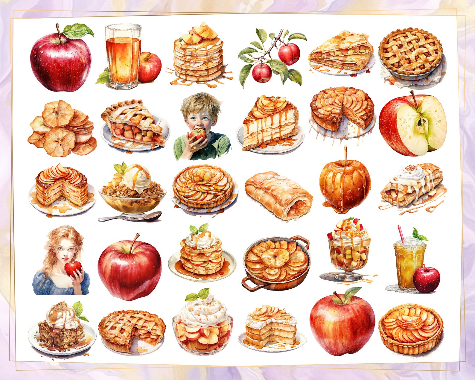 Apple Desserts. Watercolor Style Illustrations. Red Apples, Pastry ...
