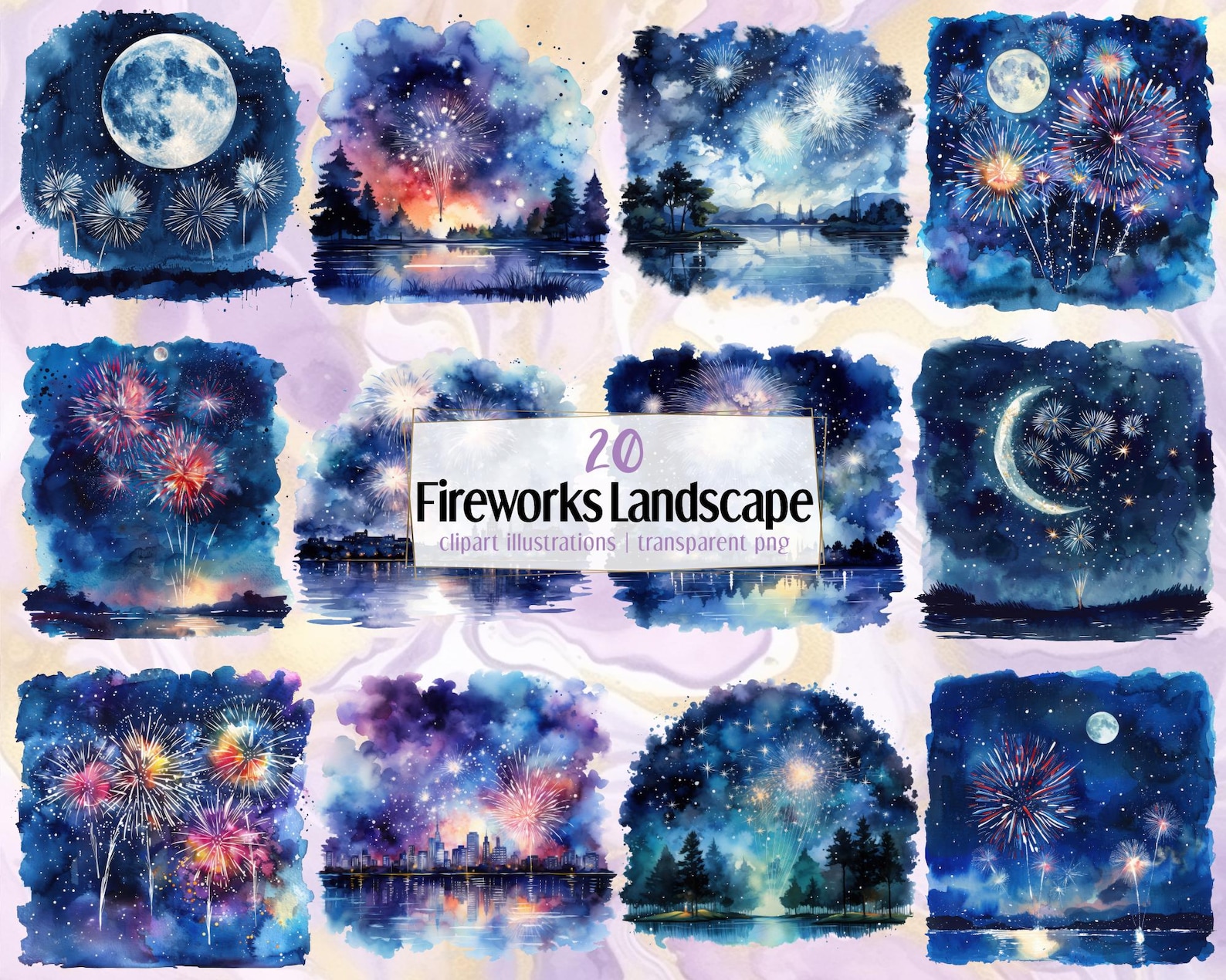 Fireworks Landscape Illustrations. Dark Night Time Skies With Sparkles ...