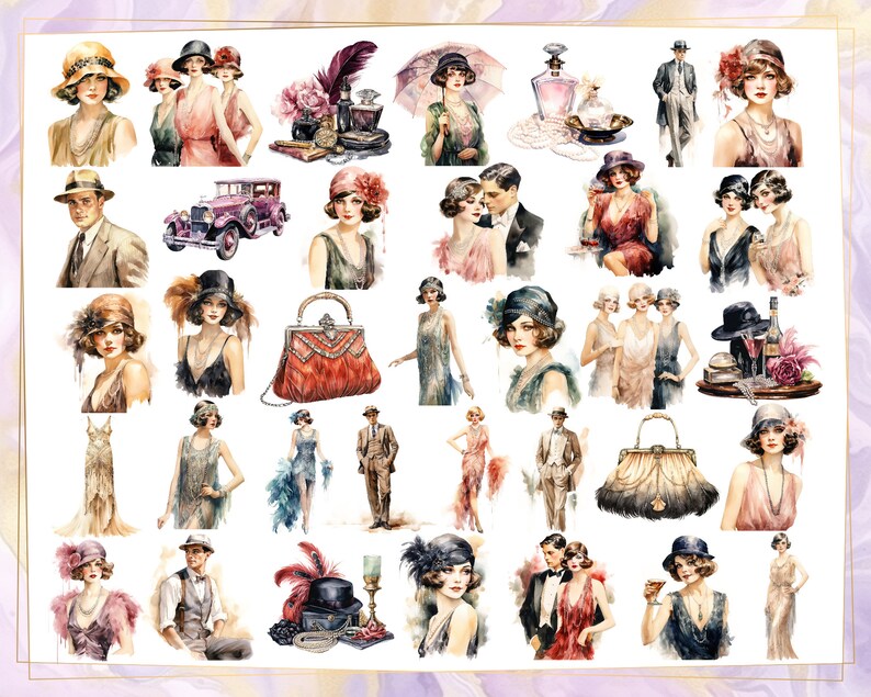 1920's Flapper Era. Watercolor Style Illustrations. Vintage 20's Party ...