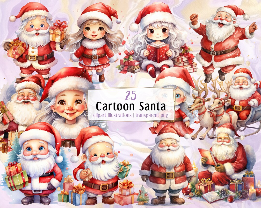 Cartoon Santa Illustrations. Christmas Festive Element, Cute Cheerful ...