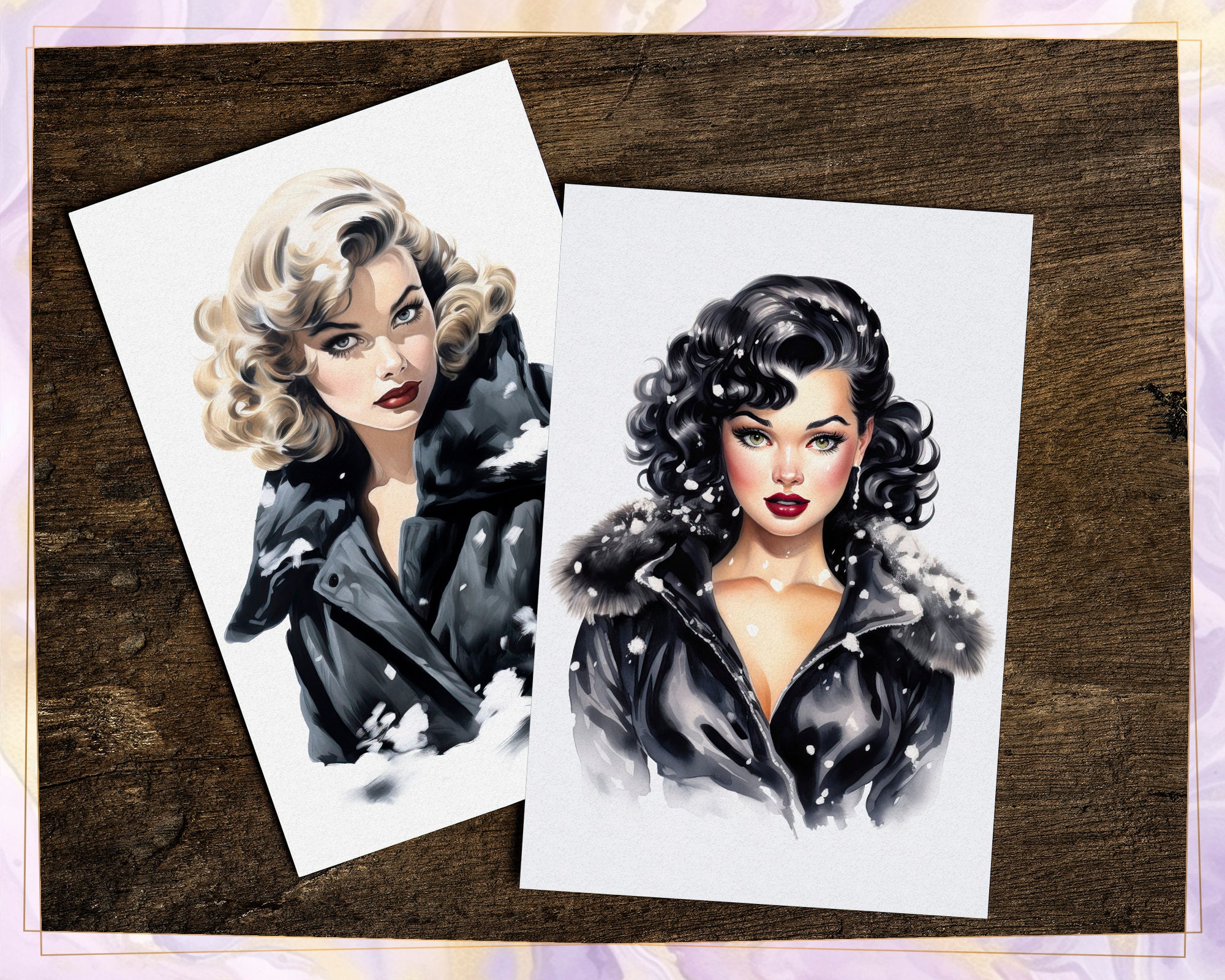 Black Winter Pin up Girl Portrait Illustrations. Vintage 40's Females ...