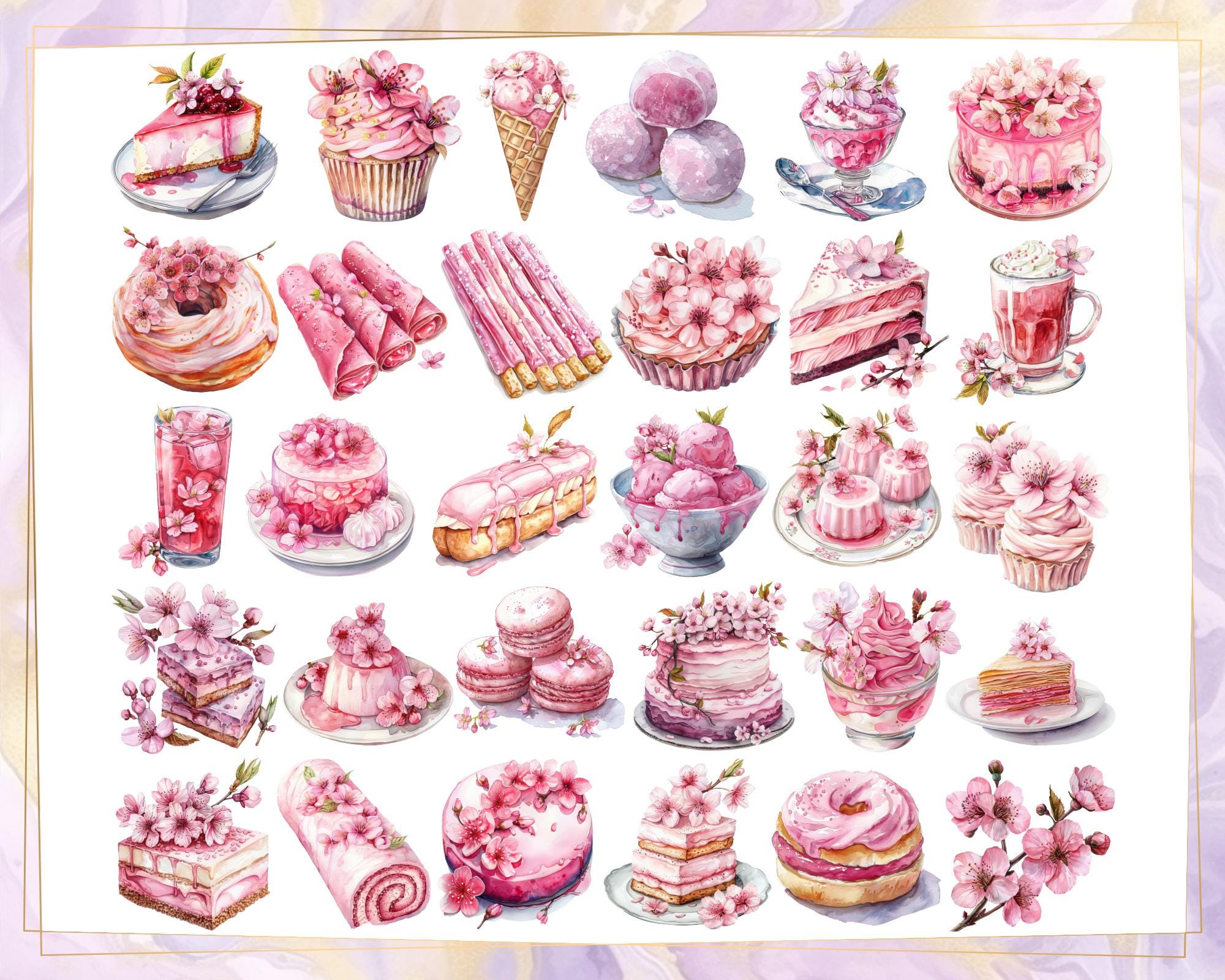 Sakura Dessert Illustrations. Fancy Seasonal Desserts, Delicate Pink ...