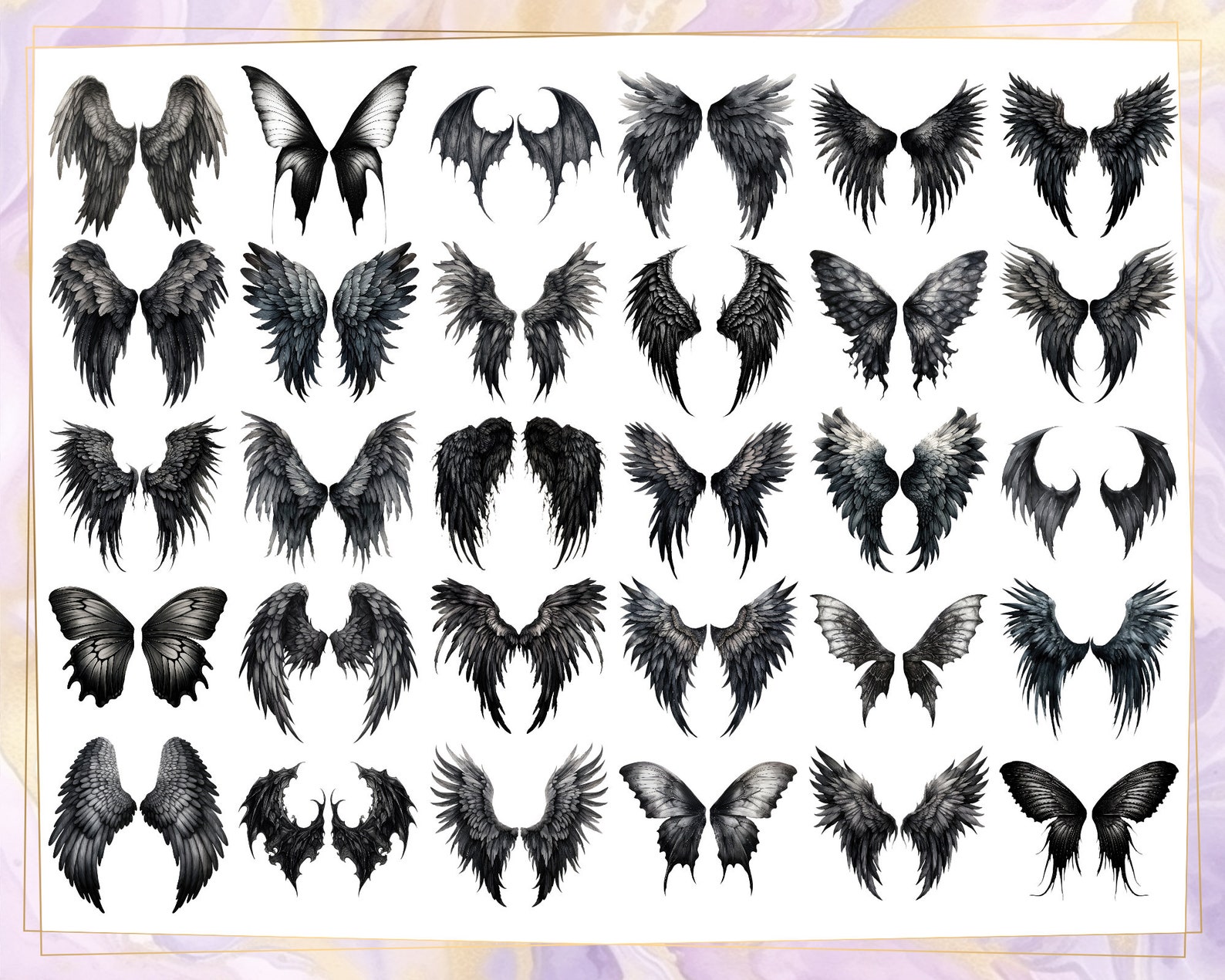 Black Wings Illustrations. Dark Imaginary Fantasy Wings, Feather, Demon ...