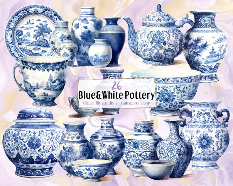 Blue and White Pottery. Watercolor Style Illustrations. Vintage ...