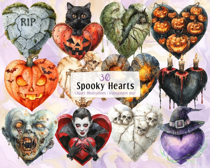 Spooky Hearts Illustrations. Halloween Themed Heart Shaped Elements ...