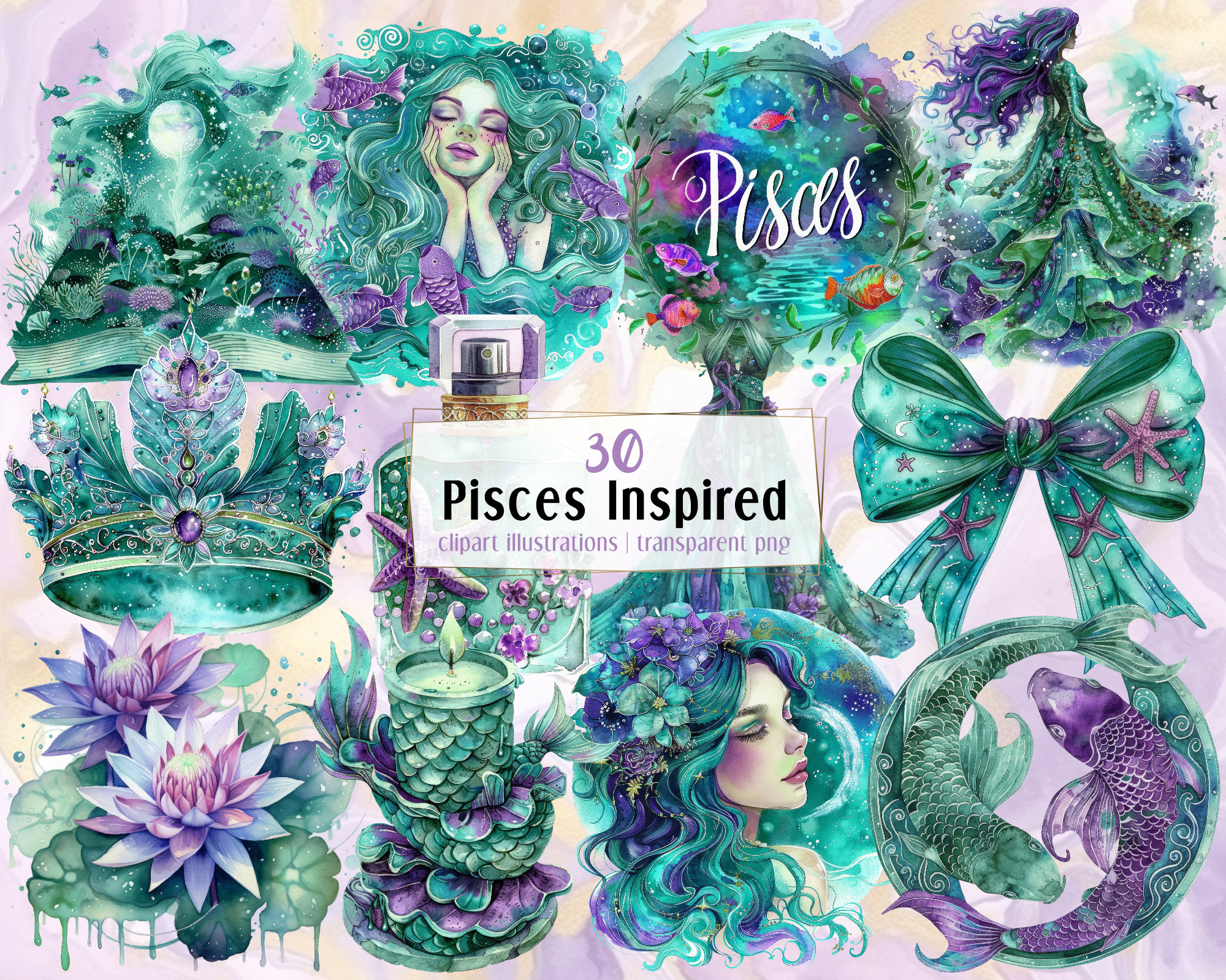 Pisces Inspired Illustrations. Fish Birthday Zodiac Sign Themed Objects ...