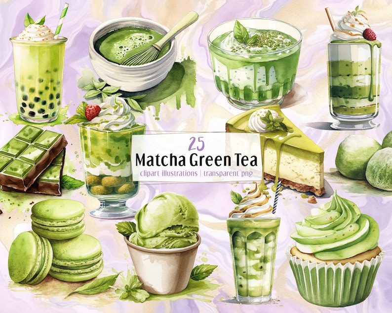Matcha Green Tea Flavored Dessert. Watercolor Style Illustrations ...