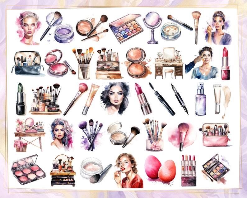 Beauty Cosmetics Illustrations. Make up Brushes, Eyeshadow, Vanity ...