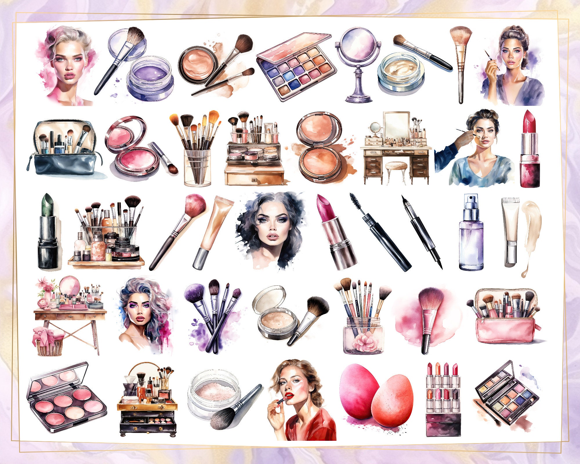 Beauty Cosmetics Illustrations. Make up Brushes, Eyeshadow, Vanity ...
