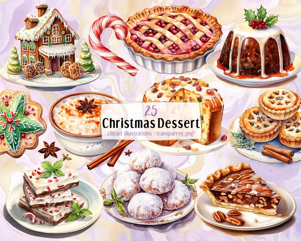 Christmas Dessert. Watercolor Style Illustrations. Traditional Festive ...