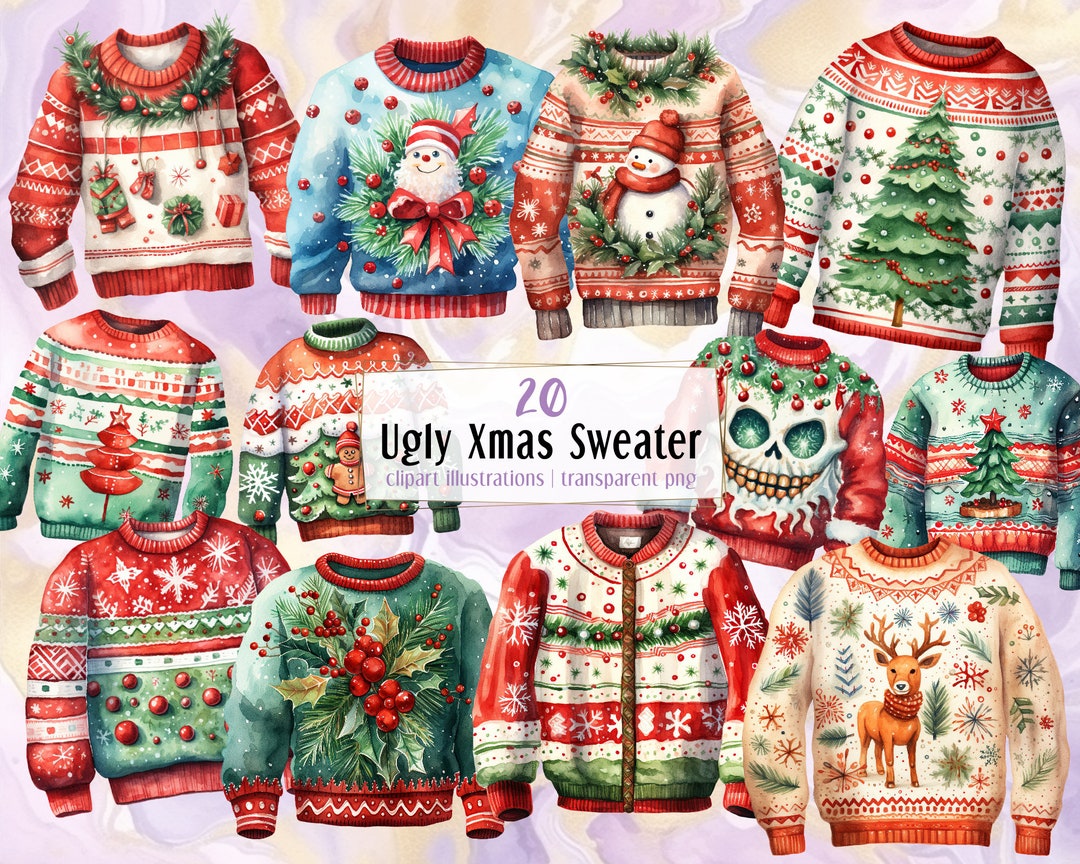 Ugly Christmas Sweater. Watercolor Style Illustrations. Festive ...