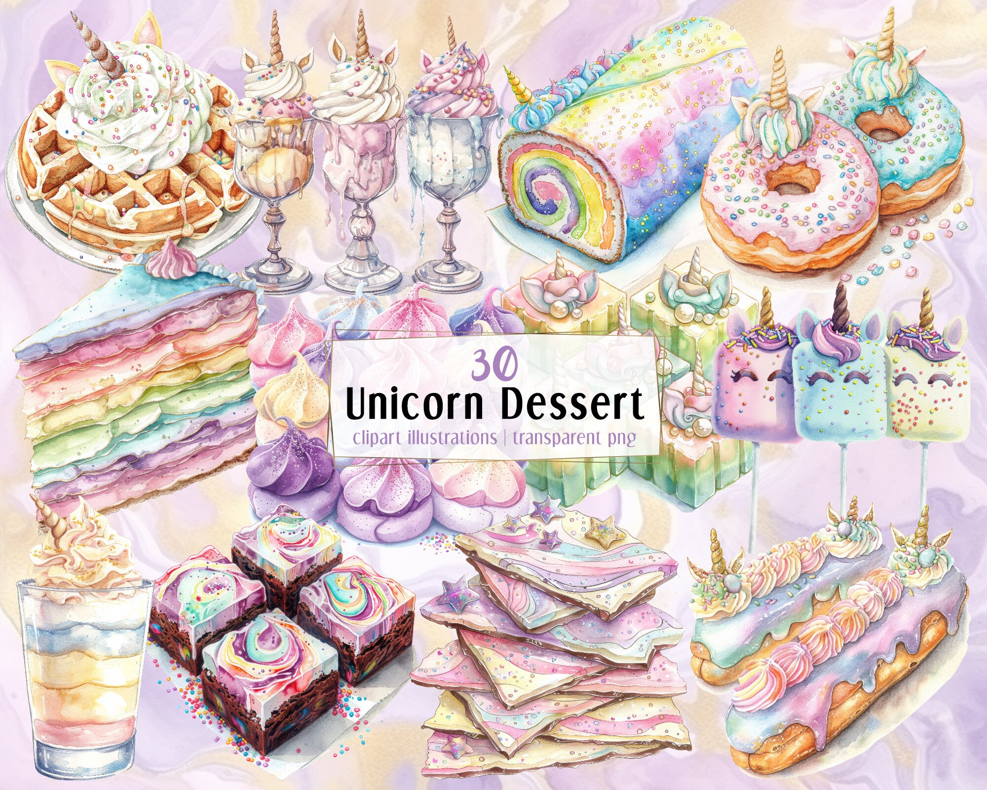 Unicorn Dessert Illustrations. Delicious Pastel Colored Pastry ...
