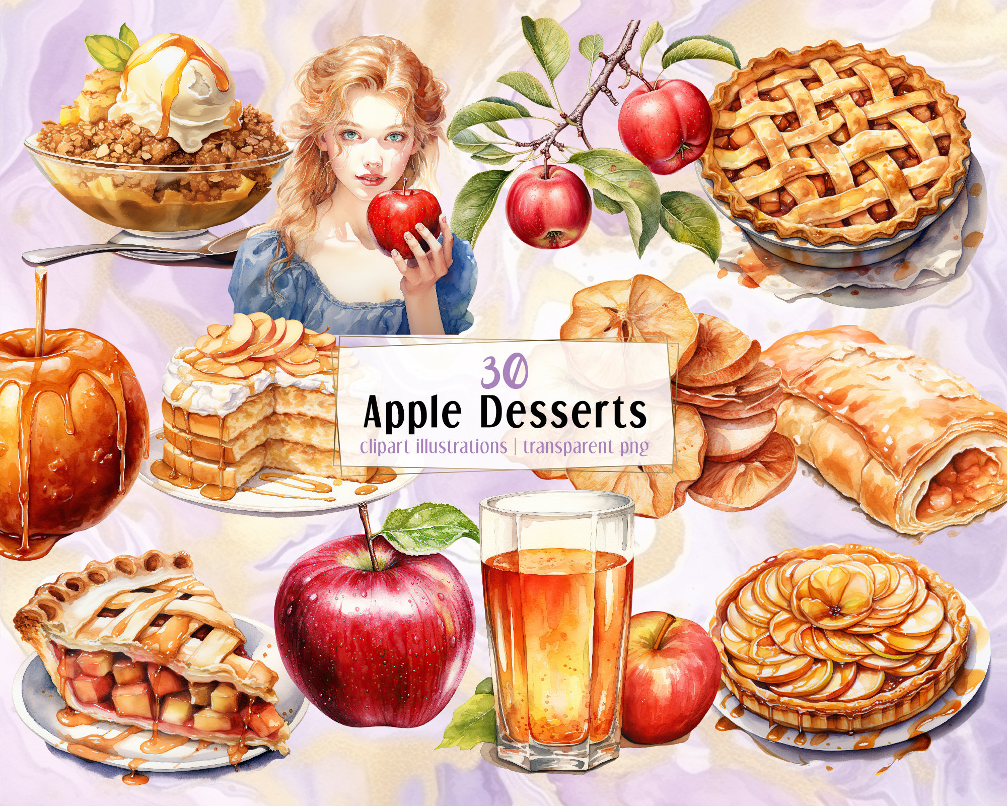 Apple Desserts. Watercolor Style Illustrations. Red Apples, Pastry ...
