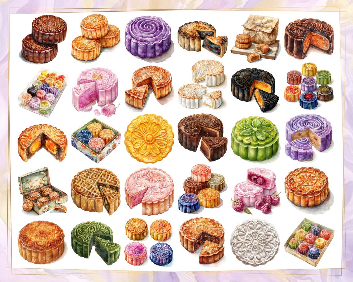 Mooncake Illustrations. Delicious Chinese Pastry, Colorful Round ...