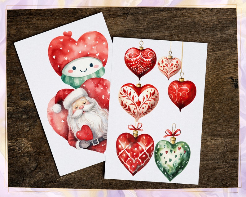 Christmas Hearts. Watercolor Style Illustrations. Festive Decorated ...