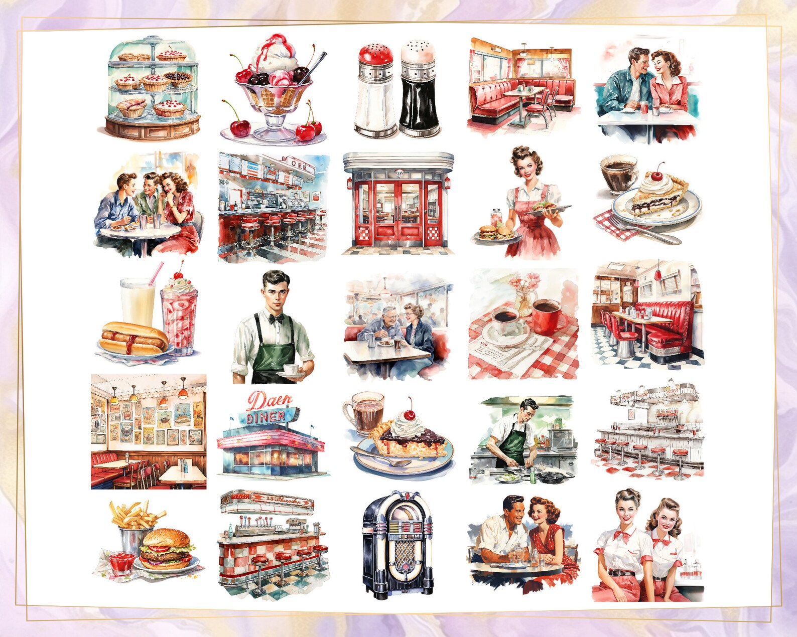 American Diner V2 Illustrations. Retro 50's Eatery, Colorful Vintage ...
