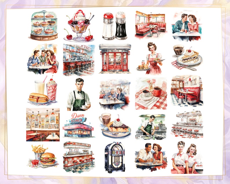 American Diner V2 Illustrations. Retro 50's Eatery, Colorful Vintage ...