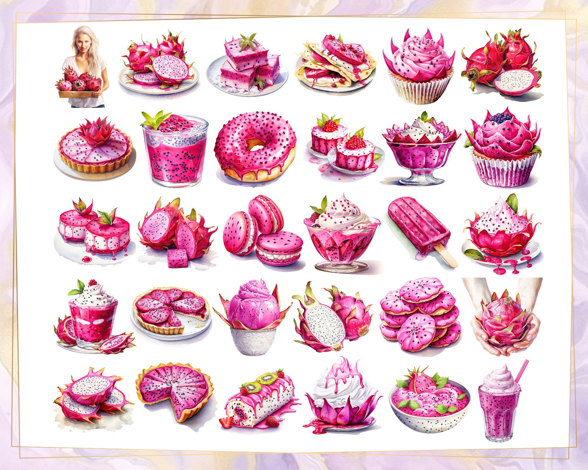 Pitaya Dessert. Watercolor Style Illustrations. Exotic Tropical Dragon ...