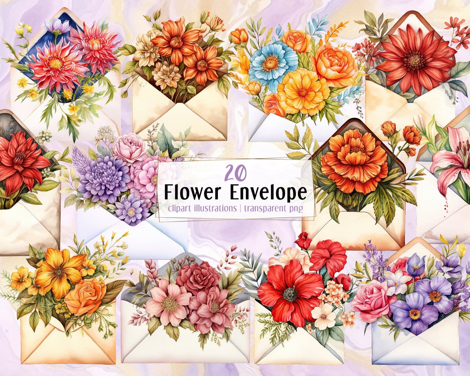 Flower Envelopes. Watercolor Style Illustrations. Flowers in Envelopes ...