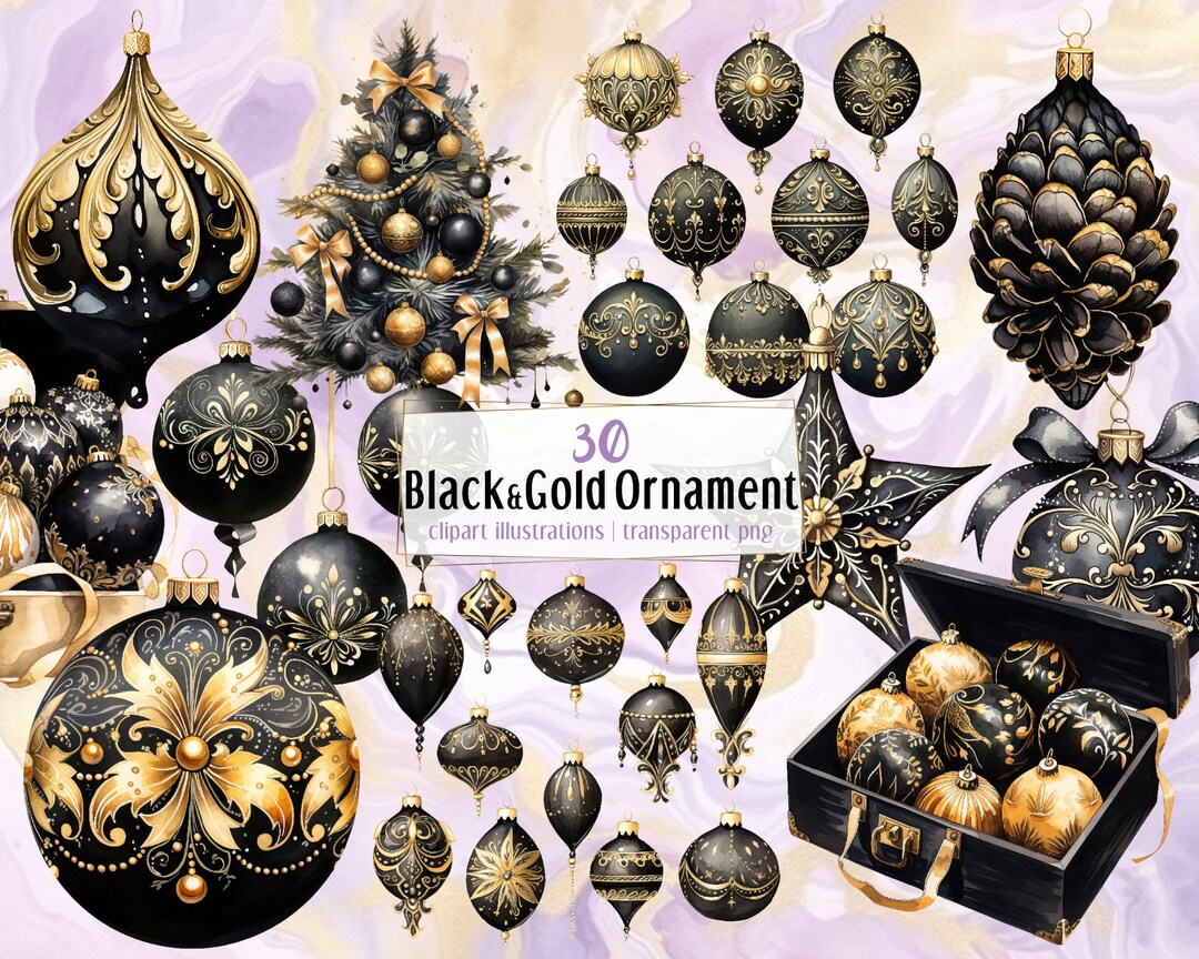 Black & Gold Christmas Ornaments. Watercolor Style Illustrations ...