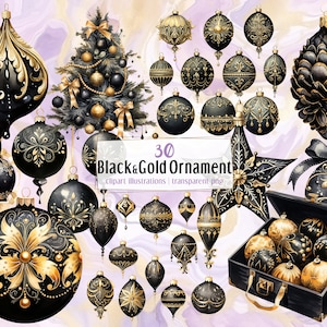 Black & Gold Christmas Ornaments. Watercolor Style Illustrations ...