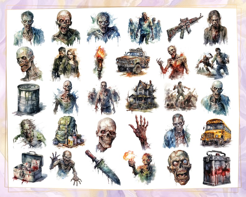 Zombie Apocalypse. Watercolor Style Illustrations. Horror Fantasy ...