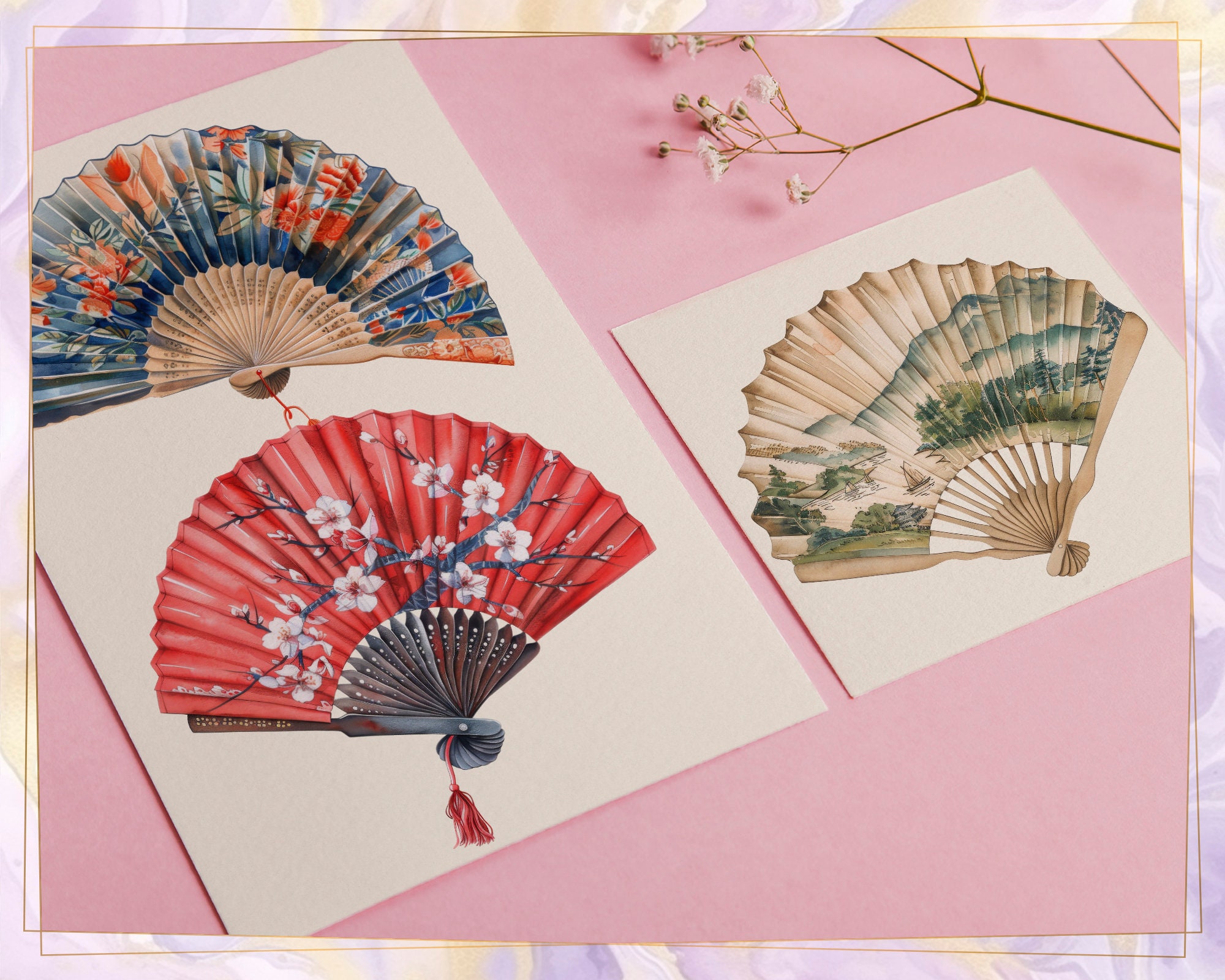 Folding Fan Illustrations. Colorful Paper & Silk Hand Fans, Traditional ...