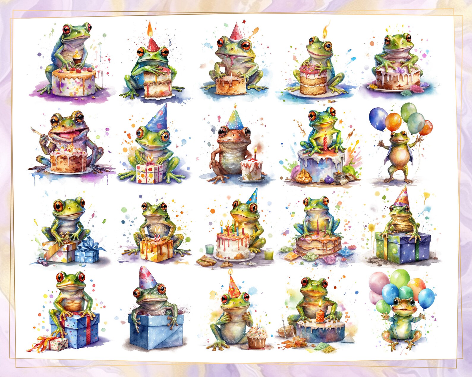 Birthday Party Frog, Watercolor Style Colorful Illustrations. Cute ...