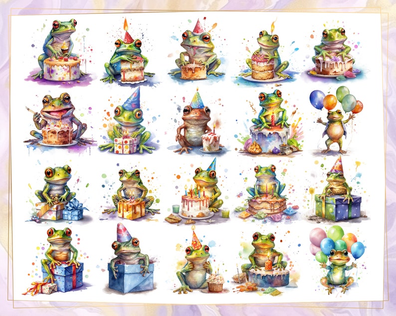 Birthday Party Frog, Watercolor Style Colorful Illustrations. Cute ...