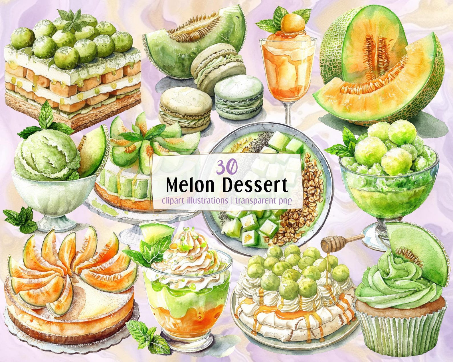 Melon Dessert Illustrations. Honeydew and Cantaloupe Fruit Flavored ...