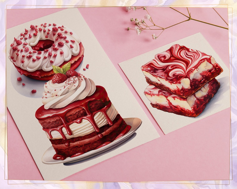 Red Velvet Dessert Illustrations. Crimson Cocoa Desserts, Cake With ...