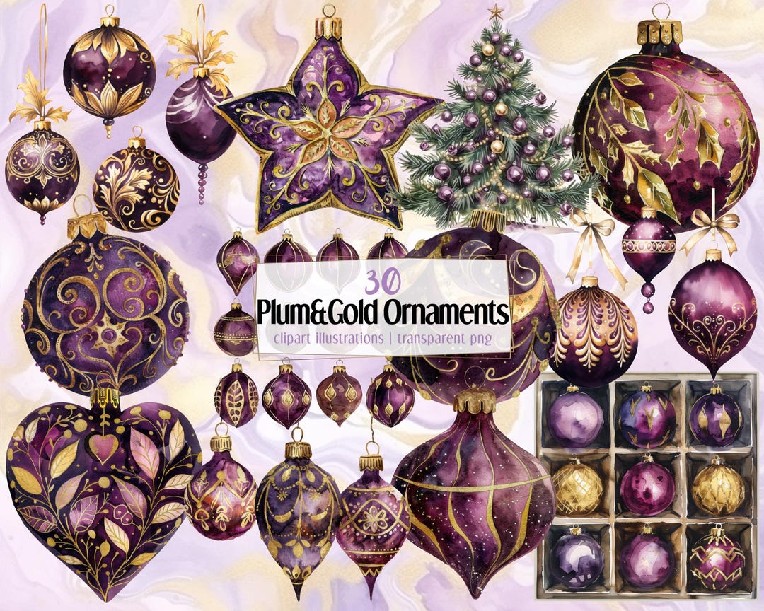 Plum & Gold Christmas Ornaments Illustrations. Festive Decorated Fancy ...