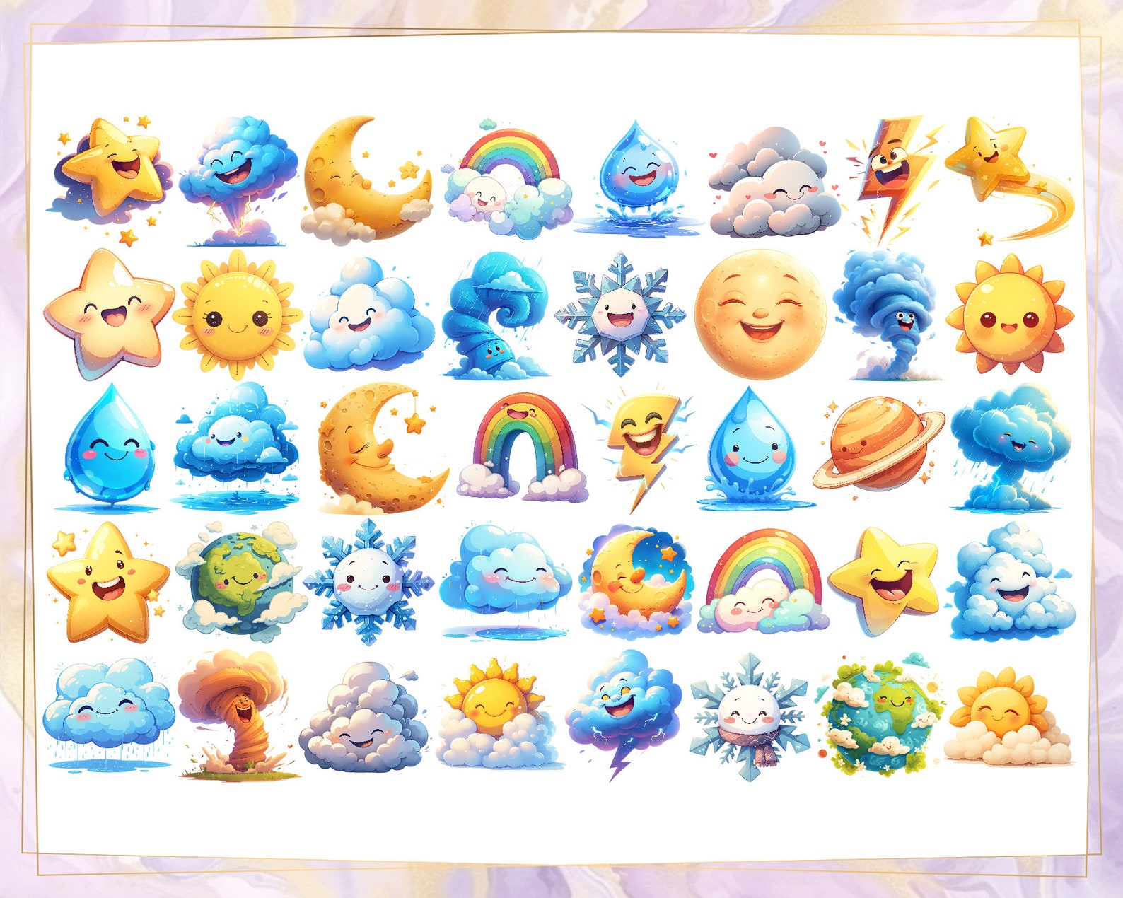 Cartoon Sky and Weather Elements, Digital Illustrations. Cute Happy ...